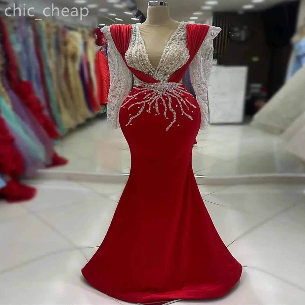 2024 Aso Ebi Red Mermaid Prom Dress Crystals Beaded Sheer Neck Evening Formal Party Second ...