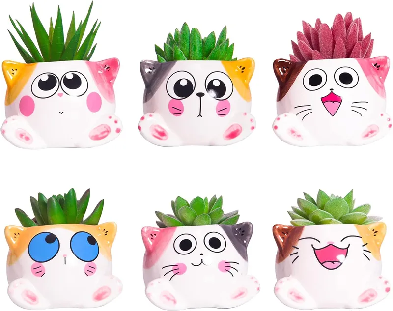 Cat Planters: Set Of 6 Cute Animal Ceramic Succulent Pots For Cactus ...