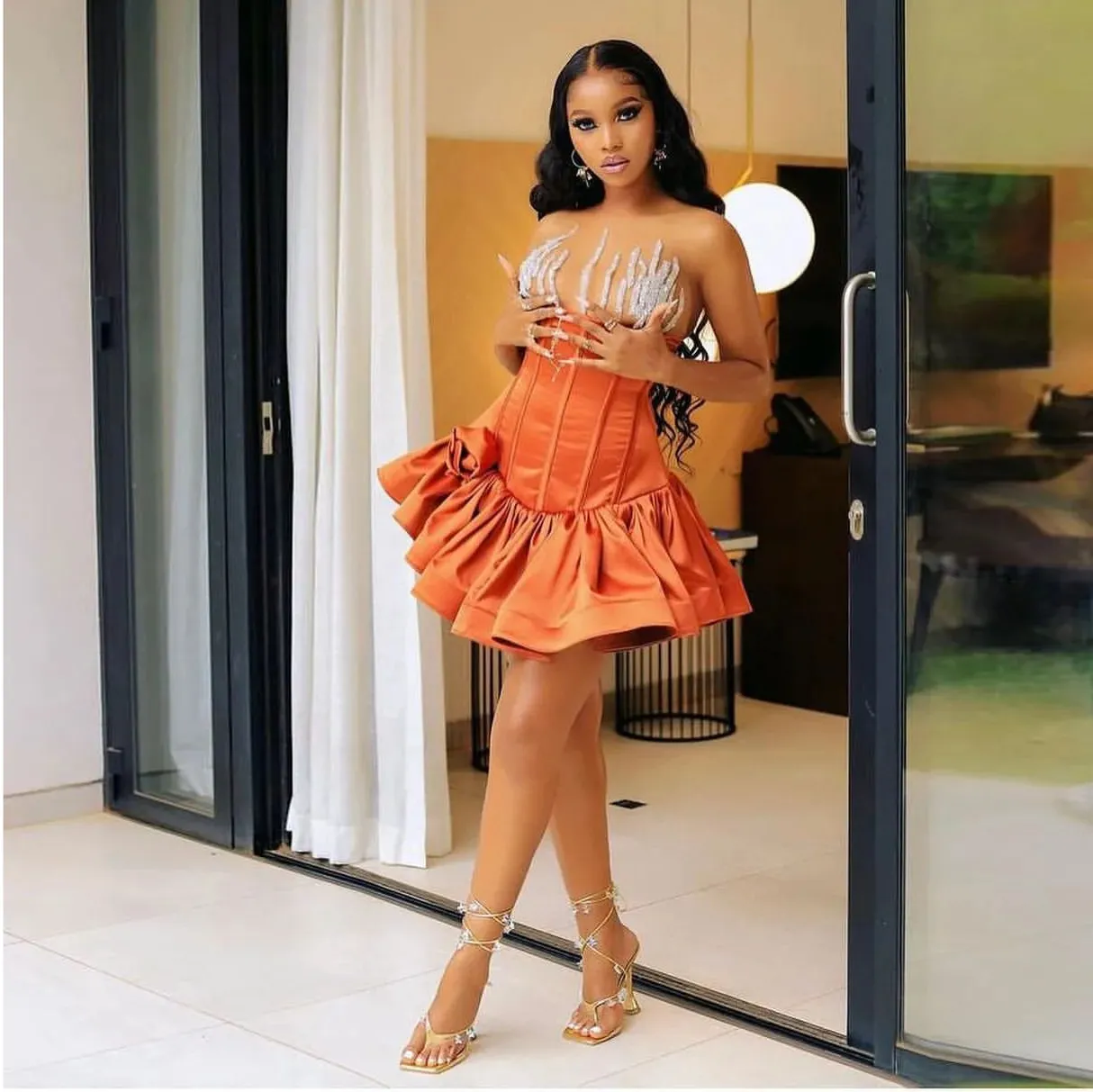 Orange Beaded Sleeveless Orange Sparkly Prom Dress With Ruffled Tail ...