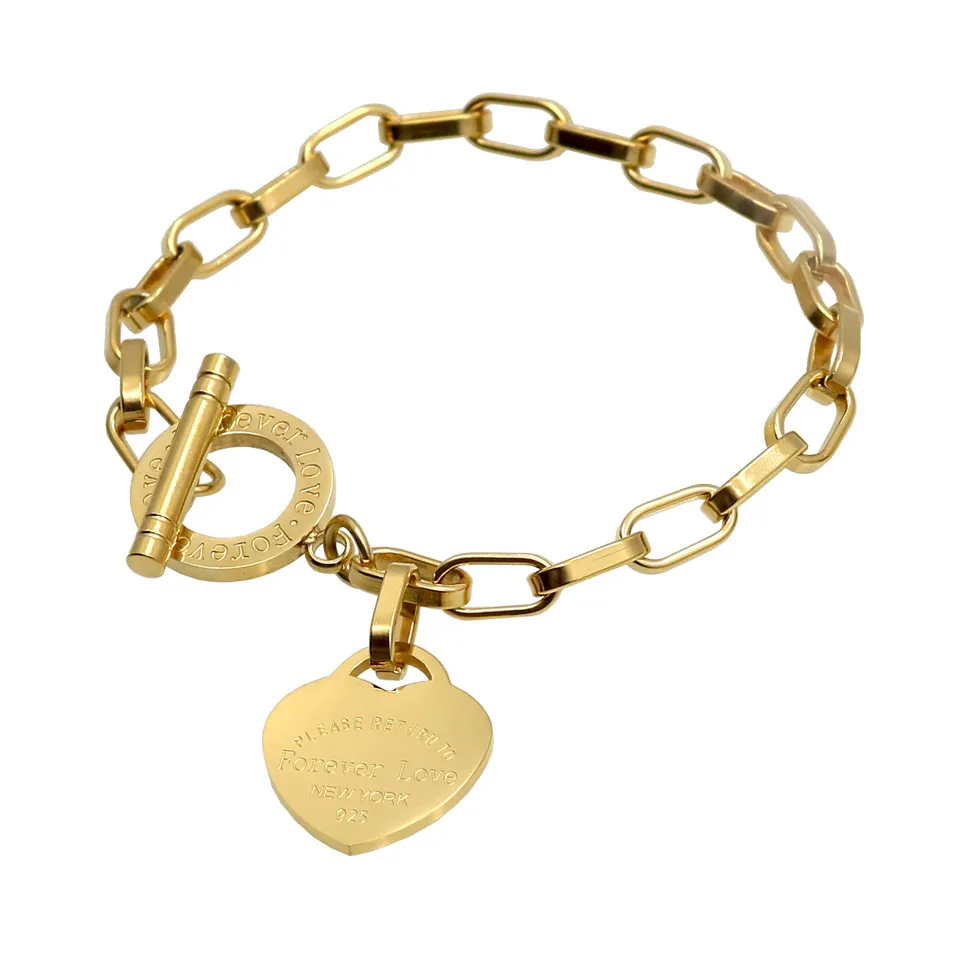 Heart Bracelet Forever Love Charm Bangle in 18K Gold Plated Titanium Steel