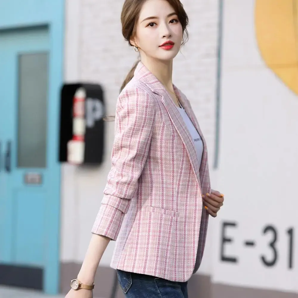 DHgate.com:Womens Pink Apricot Plaid Blazer, Casual Slim Long Sleeve ...