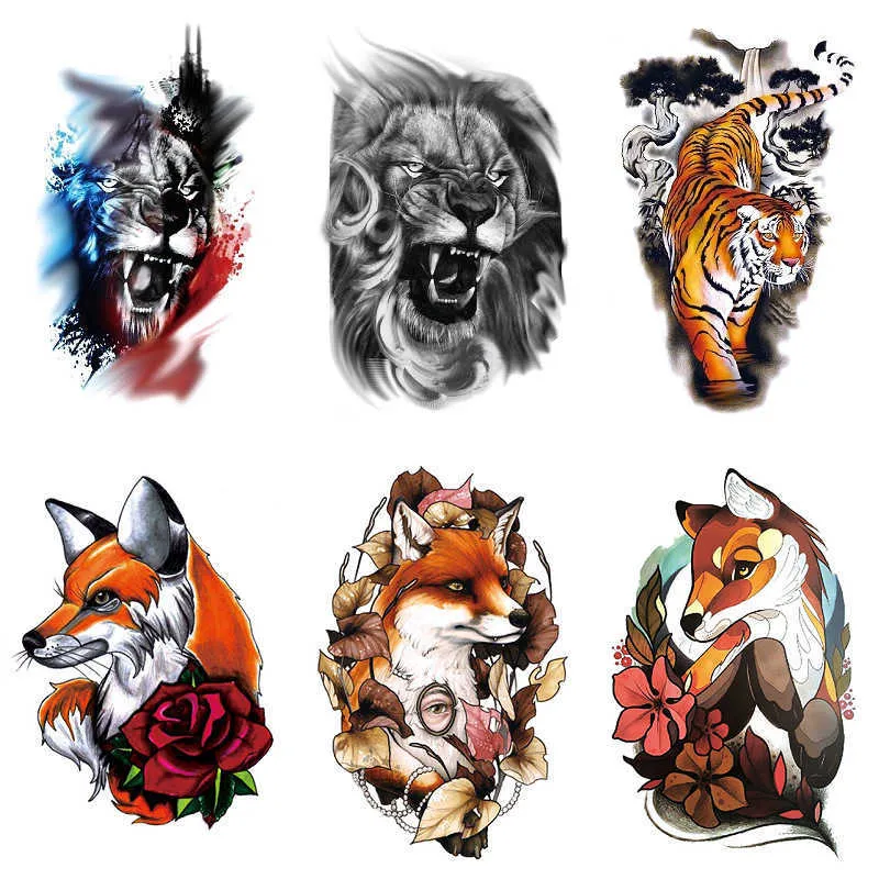 Fox Tattoo Sticker, Lion Tiger Colored Flower Arm, Water Transfer ...