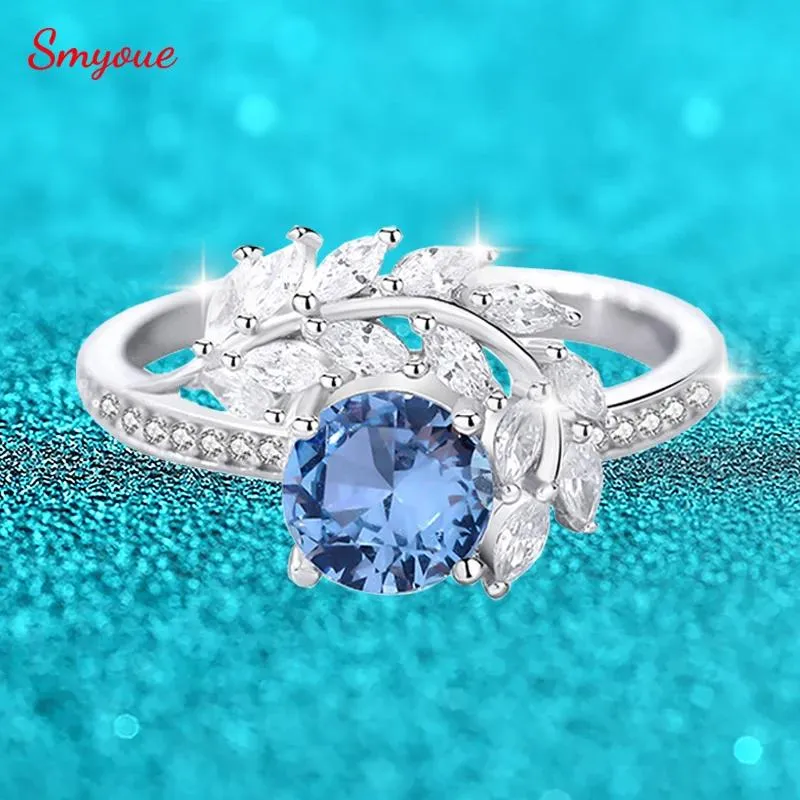 Anillos Smyoue VVS 1CT 6,5 Mm Anillos De Diamante De Moissanita Azul Para Mujer Joyería De Boda ...