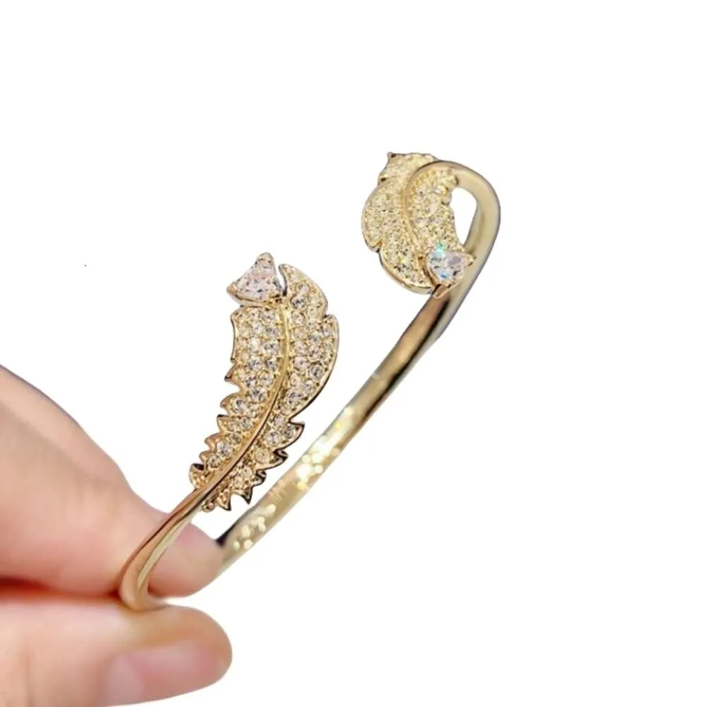 Elegant Feather Bangle Bracelet - Sparkling Crystal Open Cuff for Women, Sterling Silver Plated ...