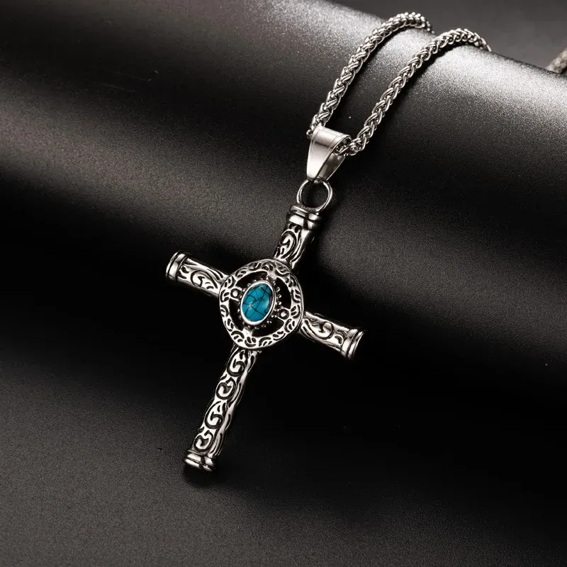 Vintage Turquoise Stone Cross Pendant Necklace In 14K White Gold ...