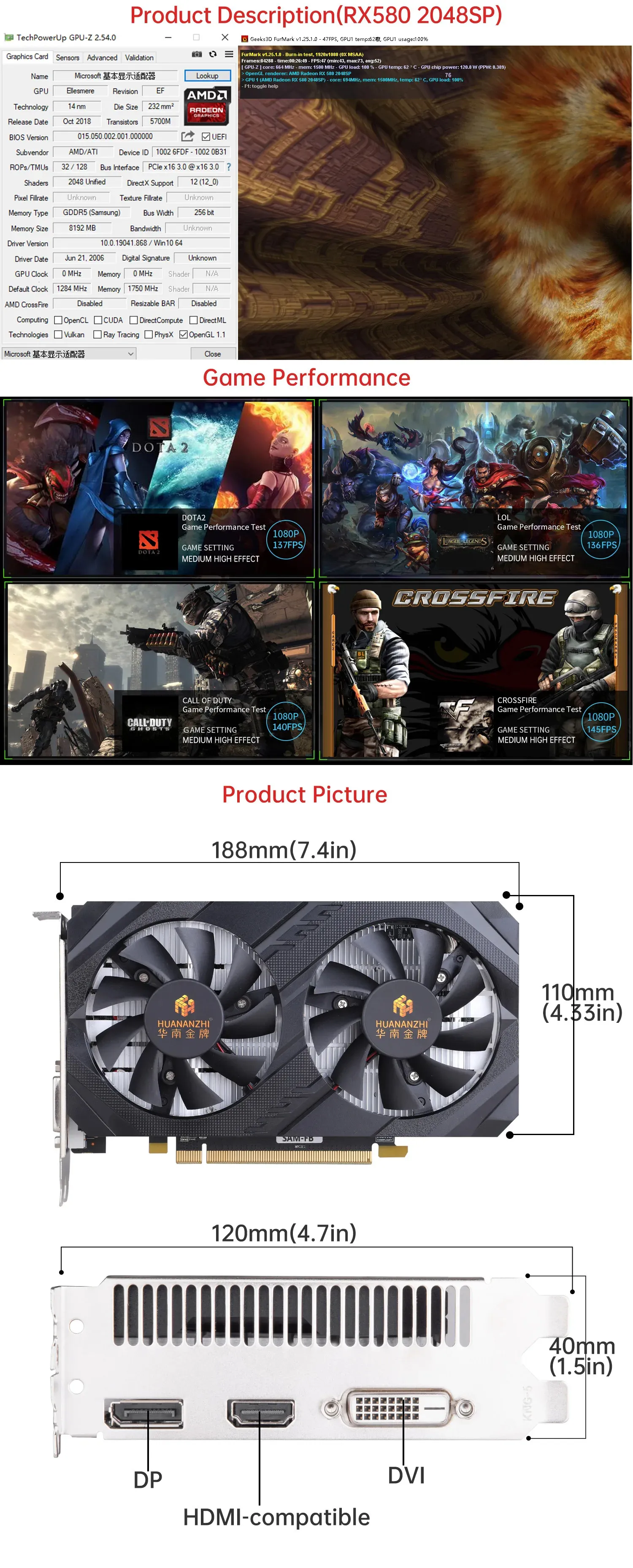 Huananzhi RX 580 8 Go GDDR5 Carte Graphique 256 Bits Avec Ports HDMI ...