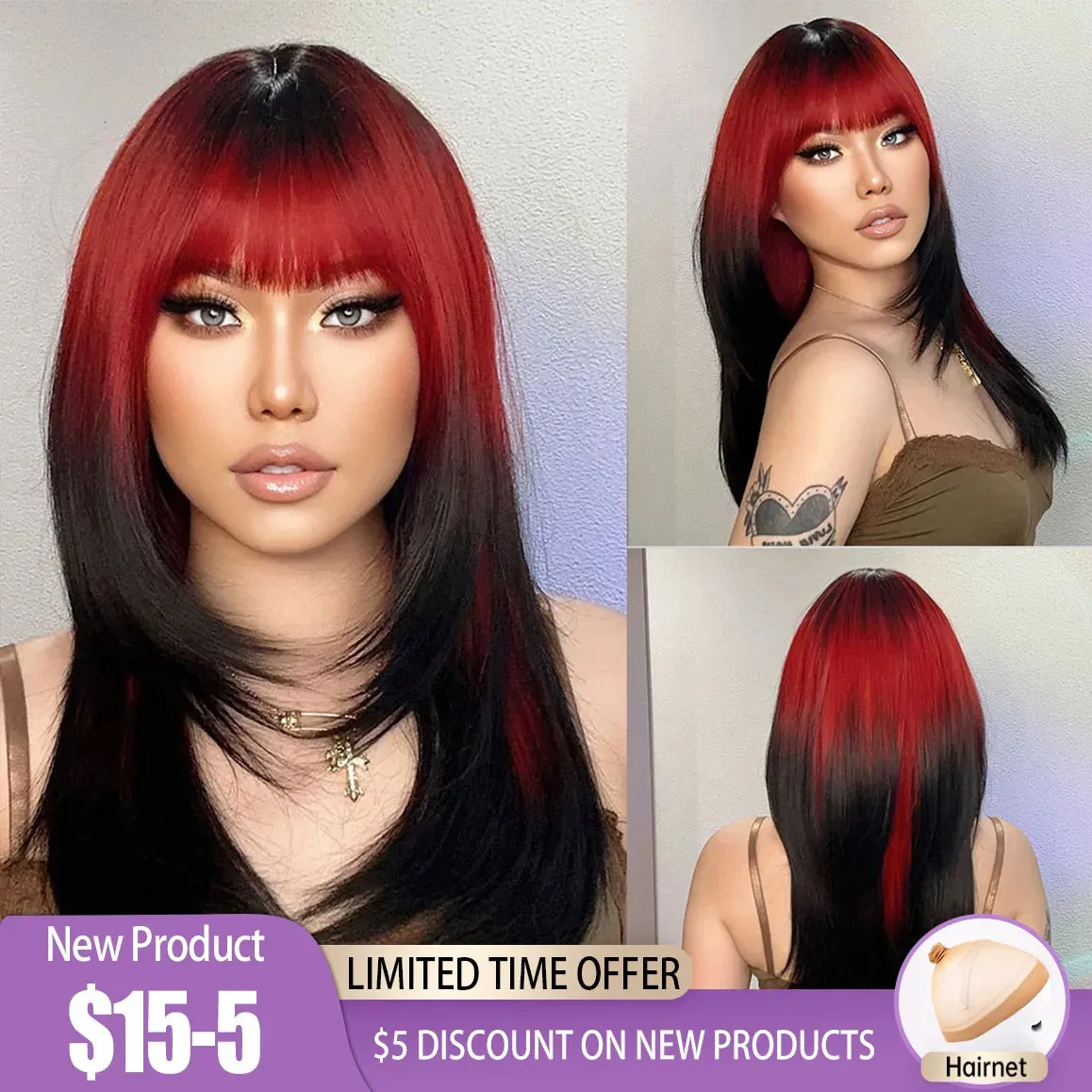 DHgate.com:"Ombre Red to Black Synthetic Wig with Bangs: Long, Layered, Heat-Resistant Party ...
