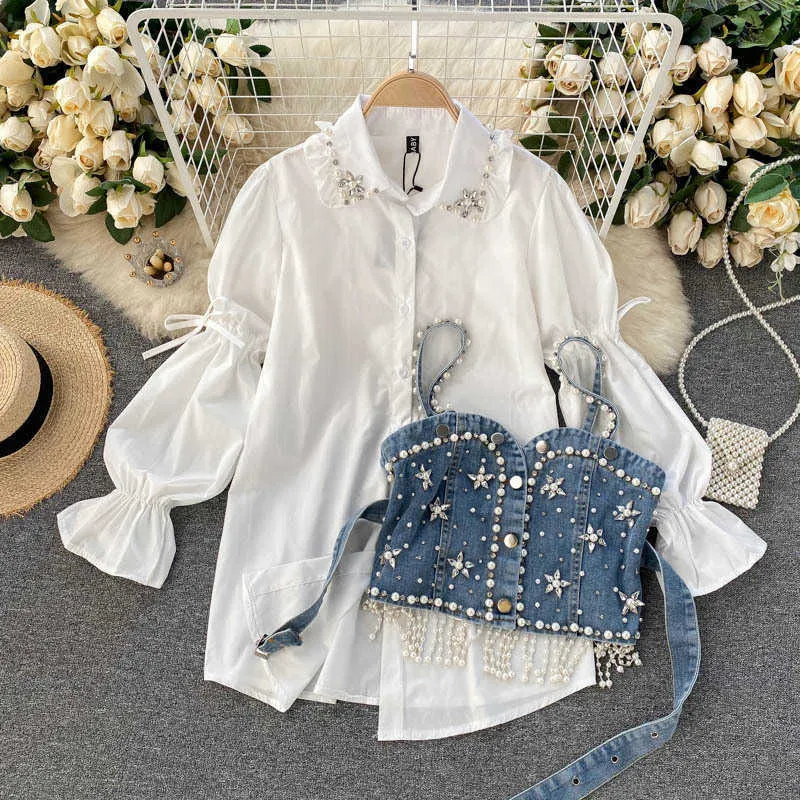 Rhinestone Embellished Two-Piece Top Set: Chic Pearl Sling Vest ...