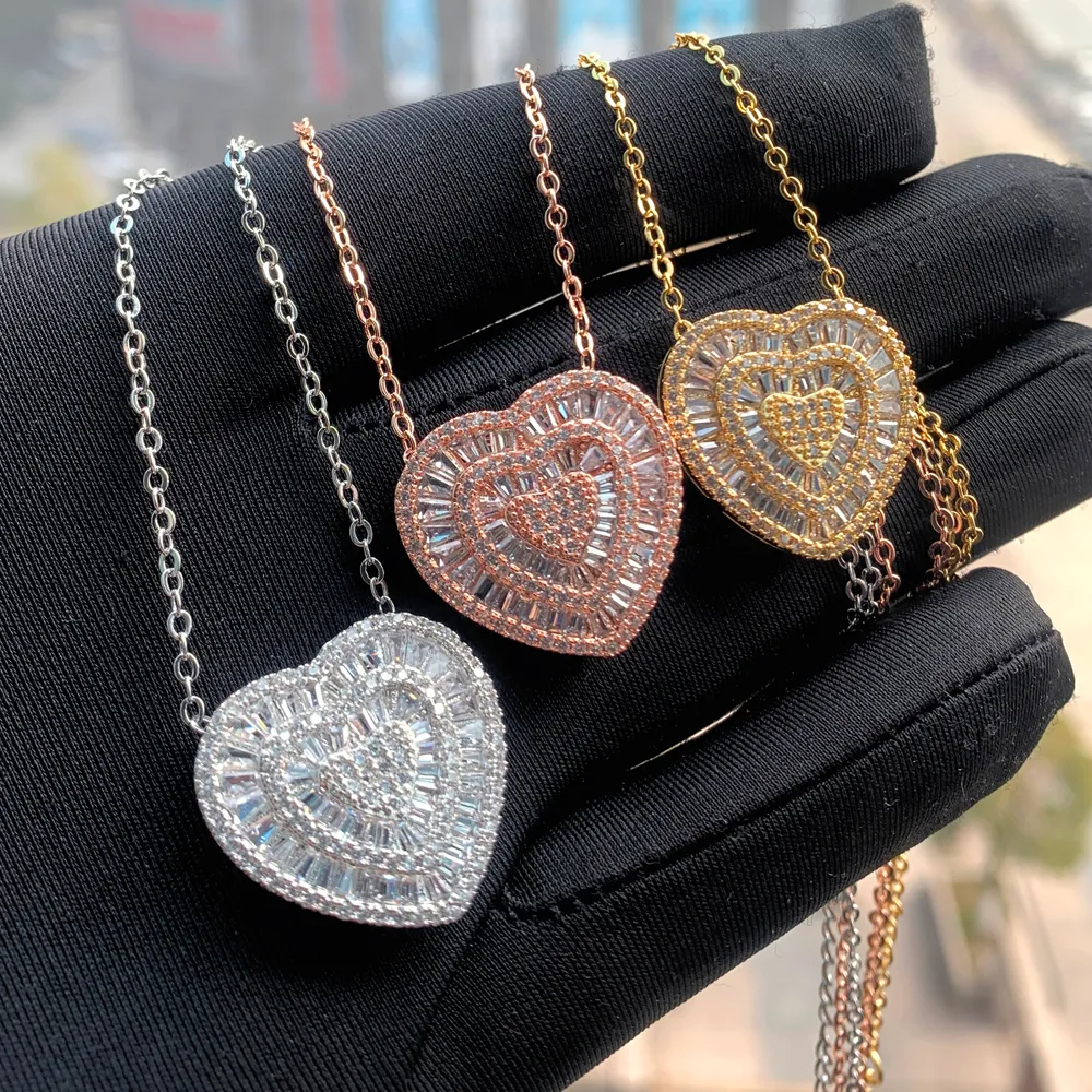 Classic Elegant Iced Out Heart Love Pendant Necklace Glossy Charms Iced ...