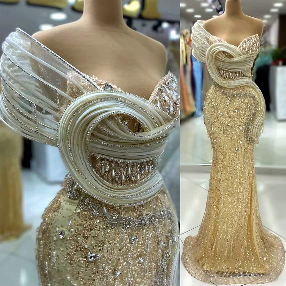 2024 Aso Ebi Gold Mermaid Robe De Bal Perles Cristaux Paillettes Soirée ...