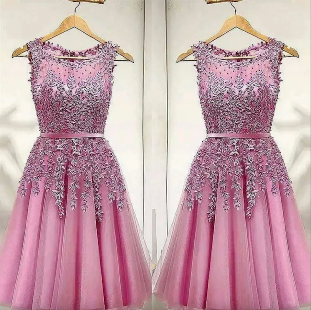 DHgate.com:Pink Short Party Dress Lace Appliques Beads Homecoming ...