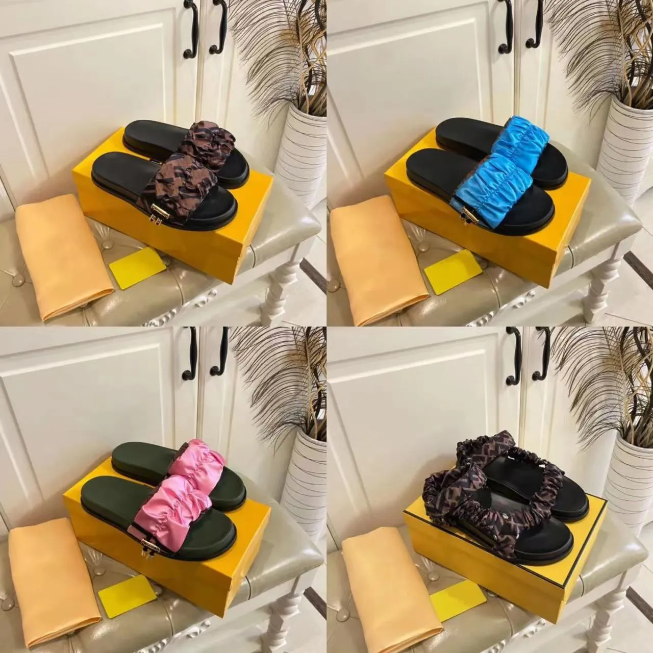 Designer Women's Slippers: Satin Feel Slides with Print Silk Scarf ...