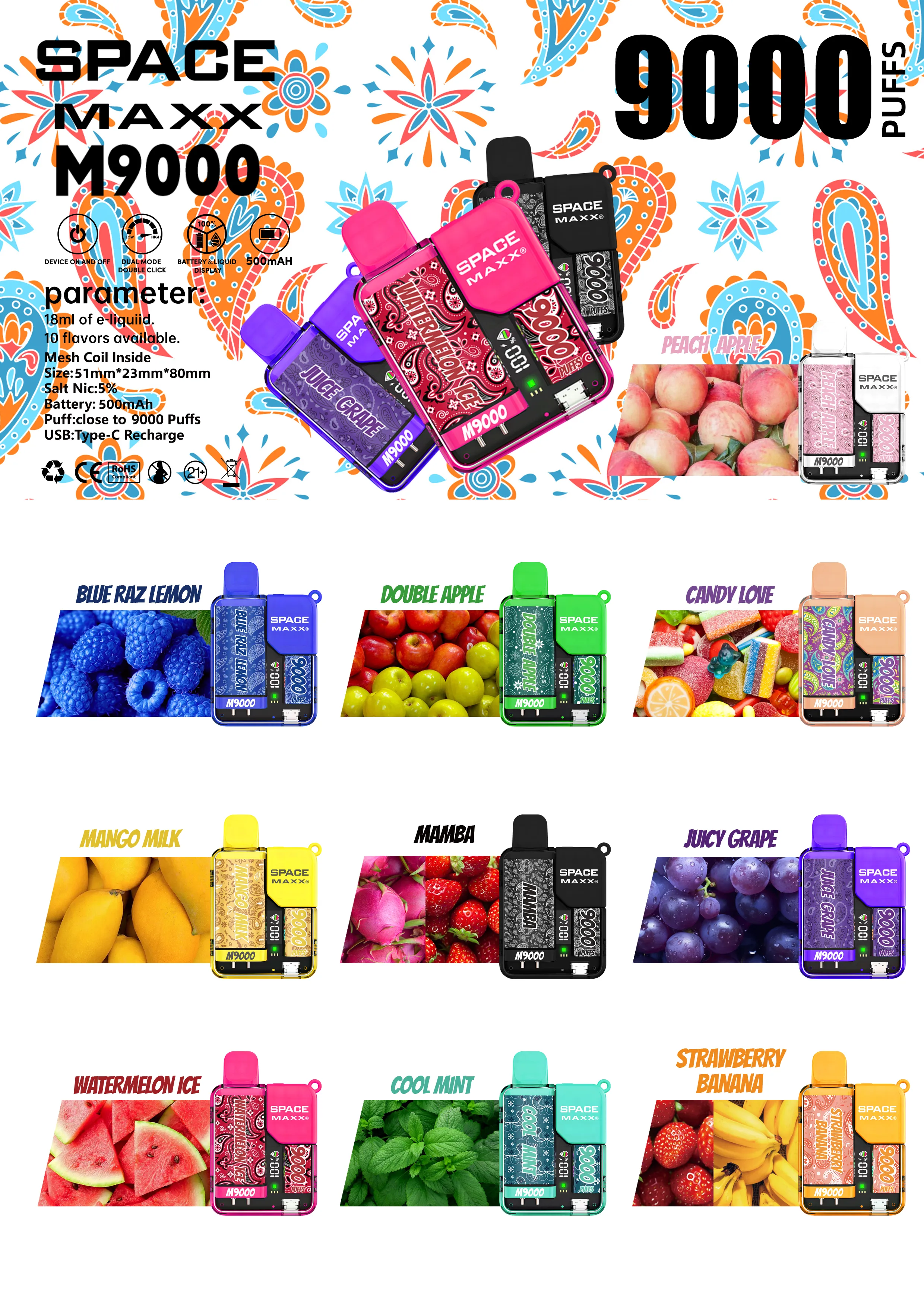 Original SPACE MAXX M9000 Puffs Einweg E Zigaretten Typ C Mesh Spule Im ...