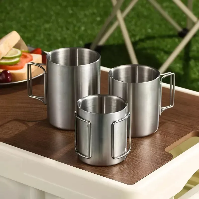 Stackable Camping Mugs - Double Wall Stainless Steel Cups with Folding ...