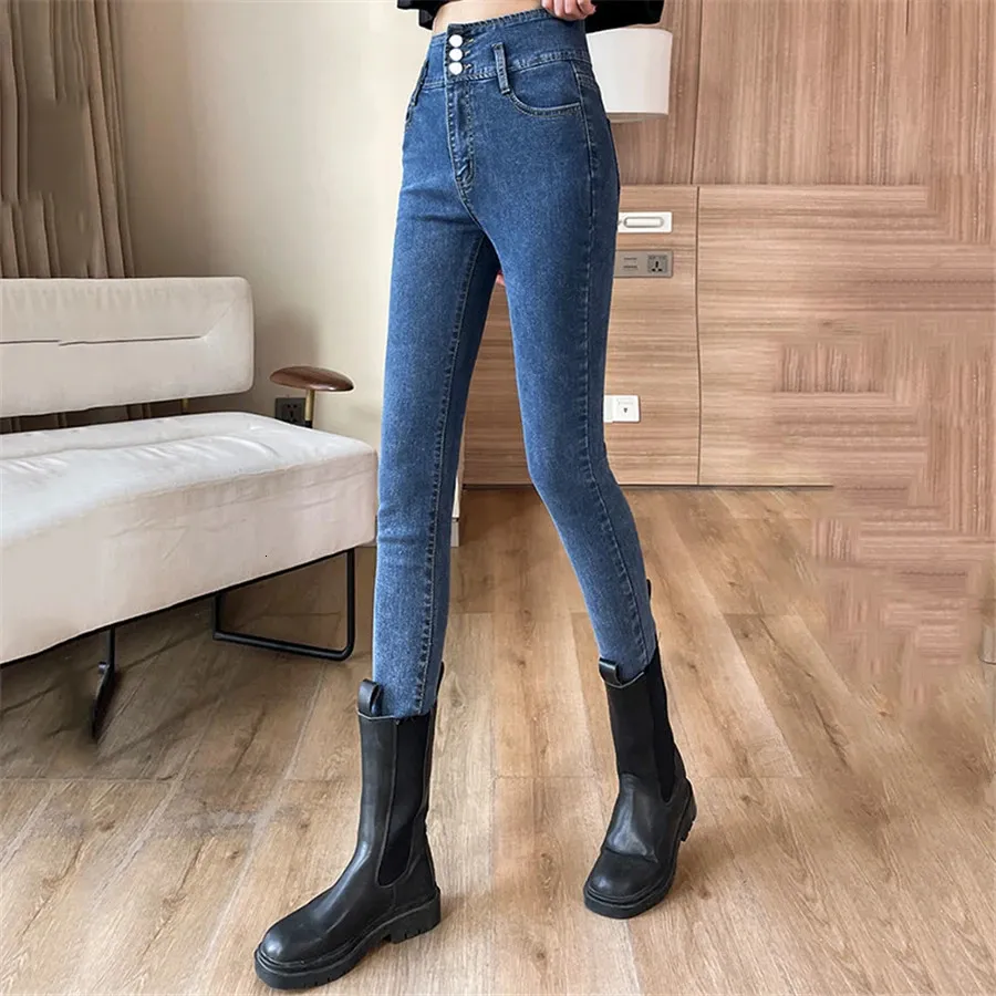 Korean Three Buttons Ankle-Length Pencil Denim Pants for Women High ...