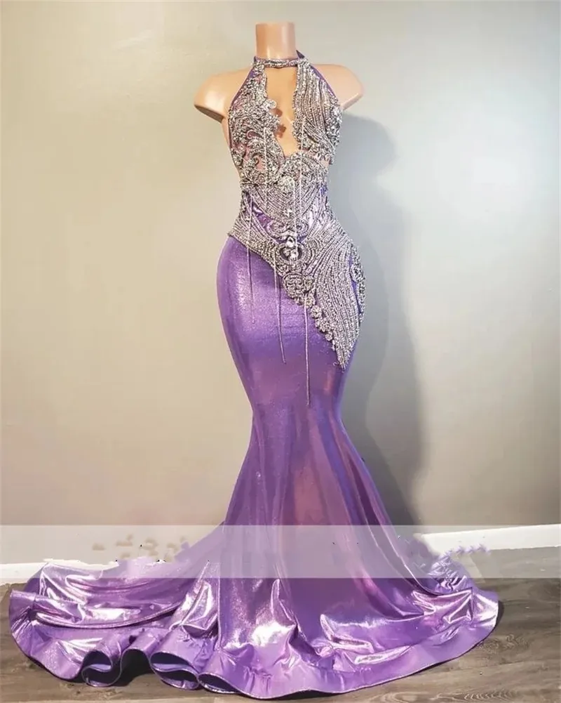 Purple Mermaid Prom Dresses: Long Sparkly Halter Gown Luxury Crystals ...