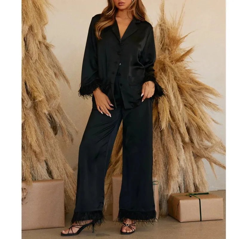 Y2K Feather Trim Outfit: Women's Satin Lapel Top & Pants Set - Single ...