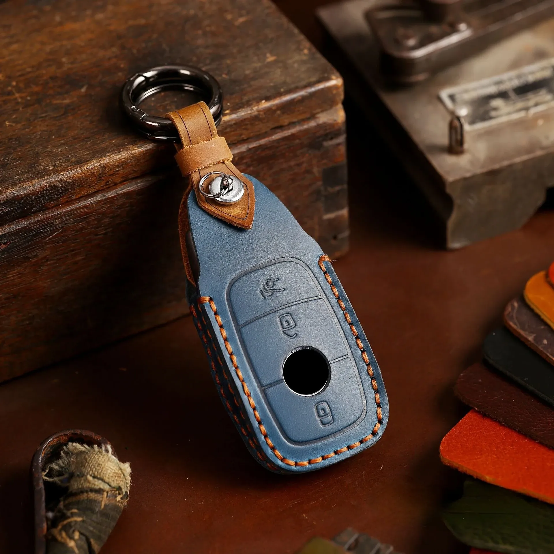 Premium Leather Car Key Fob Cover for Mercedes Benz - 3 Button Keychain ...