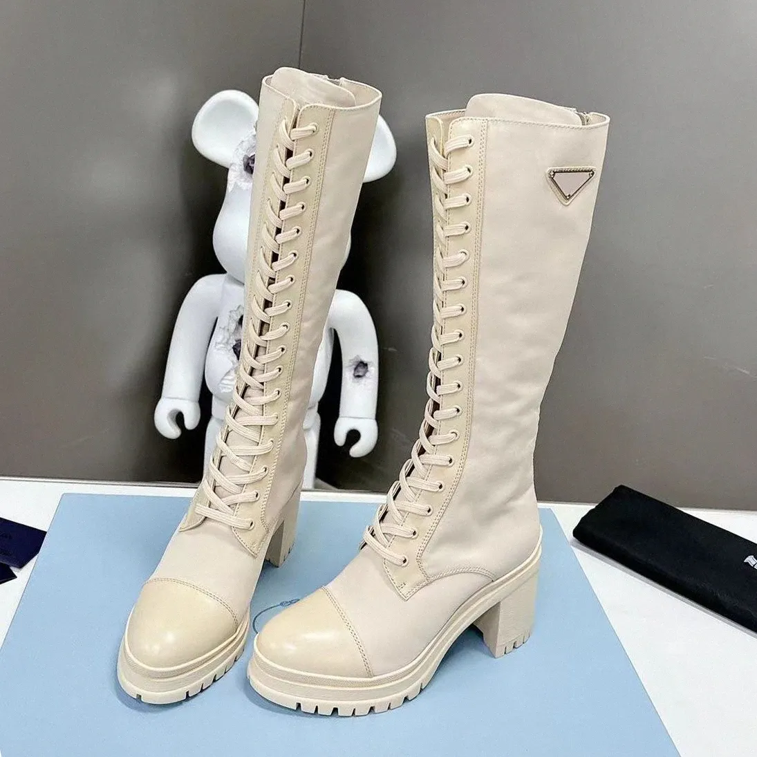 New Triangle Brushed Leather Nylon Knee Boots Chunky Block Heels Almond ...