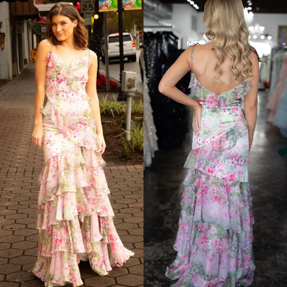 DHgate.com:Elegant Fitted Floral-Print Prom Dress | Ruffle Hi-Lo Gown ...