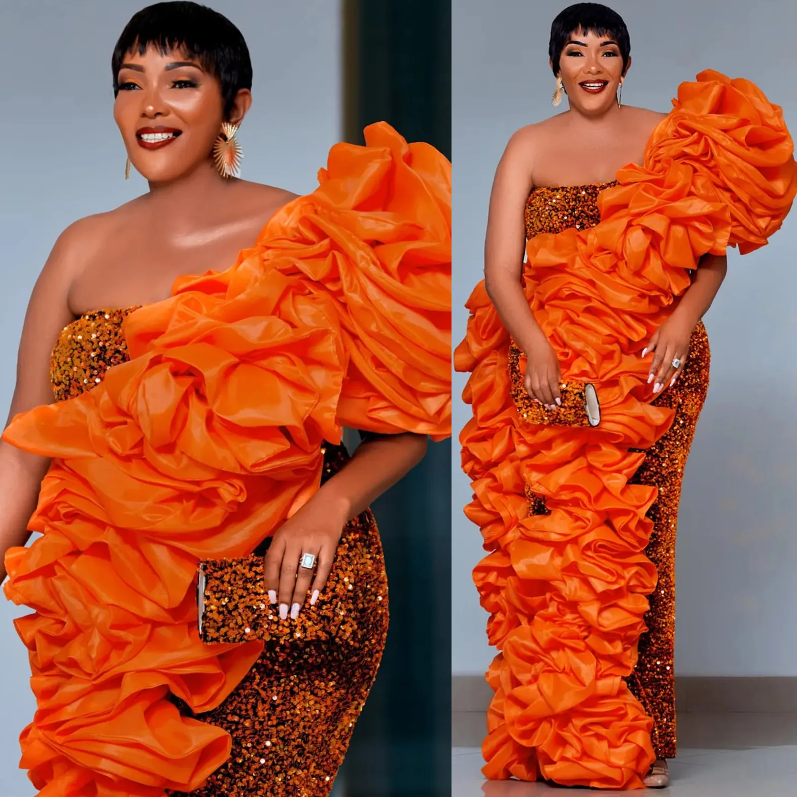 2024 ASO EBI SHEATE ORANGE Robe De Bal One Épaule Paillette Sexy Soirée ...