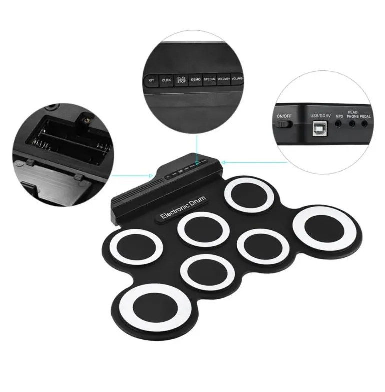 Portable Electronic Drum Set - USB Roll Up Drum Kit with 7 Pads, Sticks ...