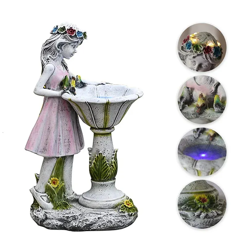 Outdoor Solar Fairy Lights Resin Angel Statue With Floral Water Feature ...