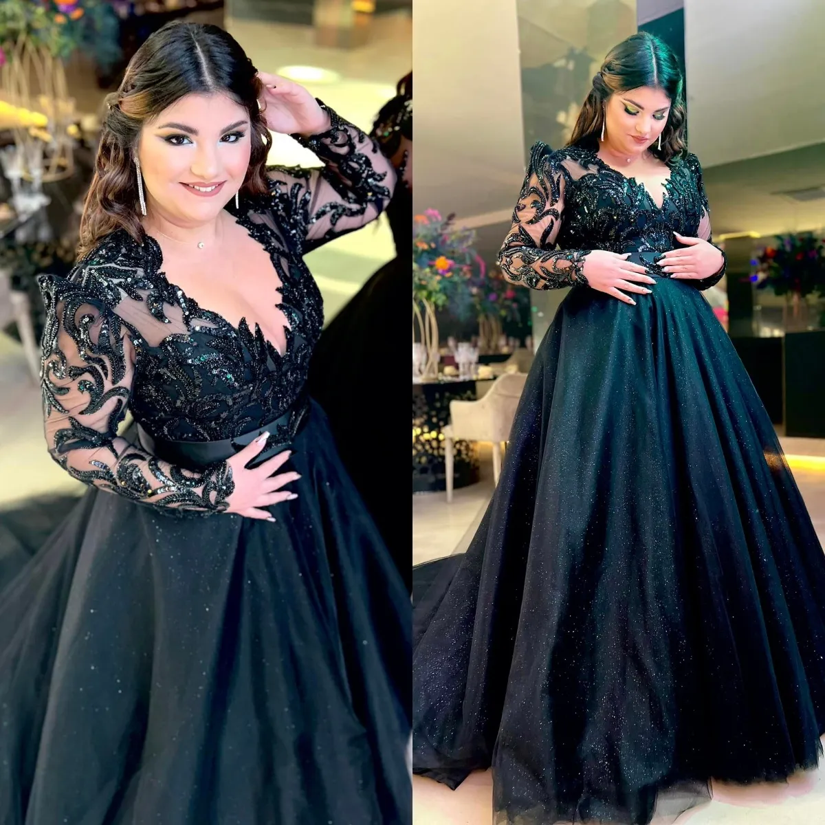 Black 2024 Prom Dresses V Neck Long Sleeve Beading Plus Size Women ...
