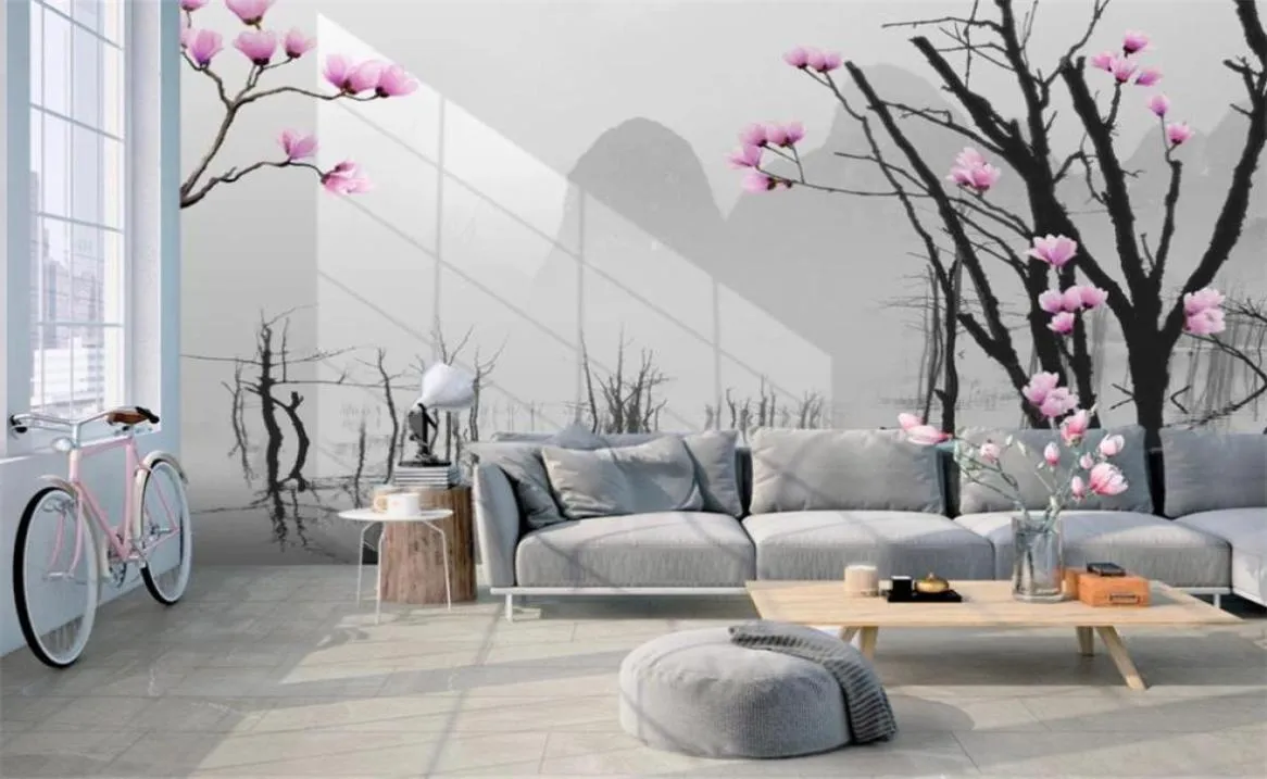 3d Mural Wallpaper Modern Simple Dead Tree Big Tree Pink Flowers ...