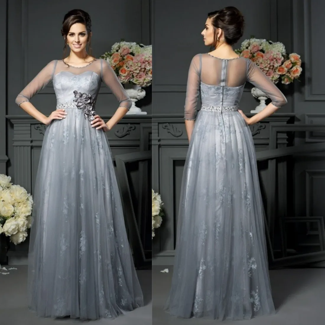 Light Grey Mother Of The Bride Gowns A Line Sheer Neck 3/4 Sleeves ...