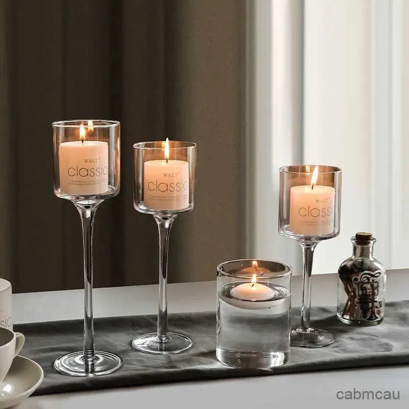 DHgate Minimalist Glass Goblet Candle Holders Set of 3 Clear Glass Tealight Candle Holders for Home Decor Wedding Party Living Room Bar Home Garden