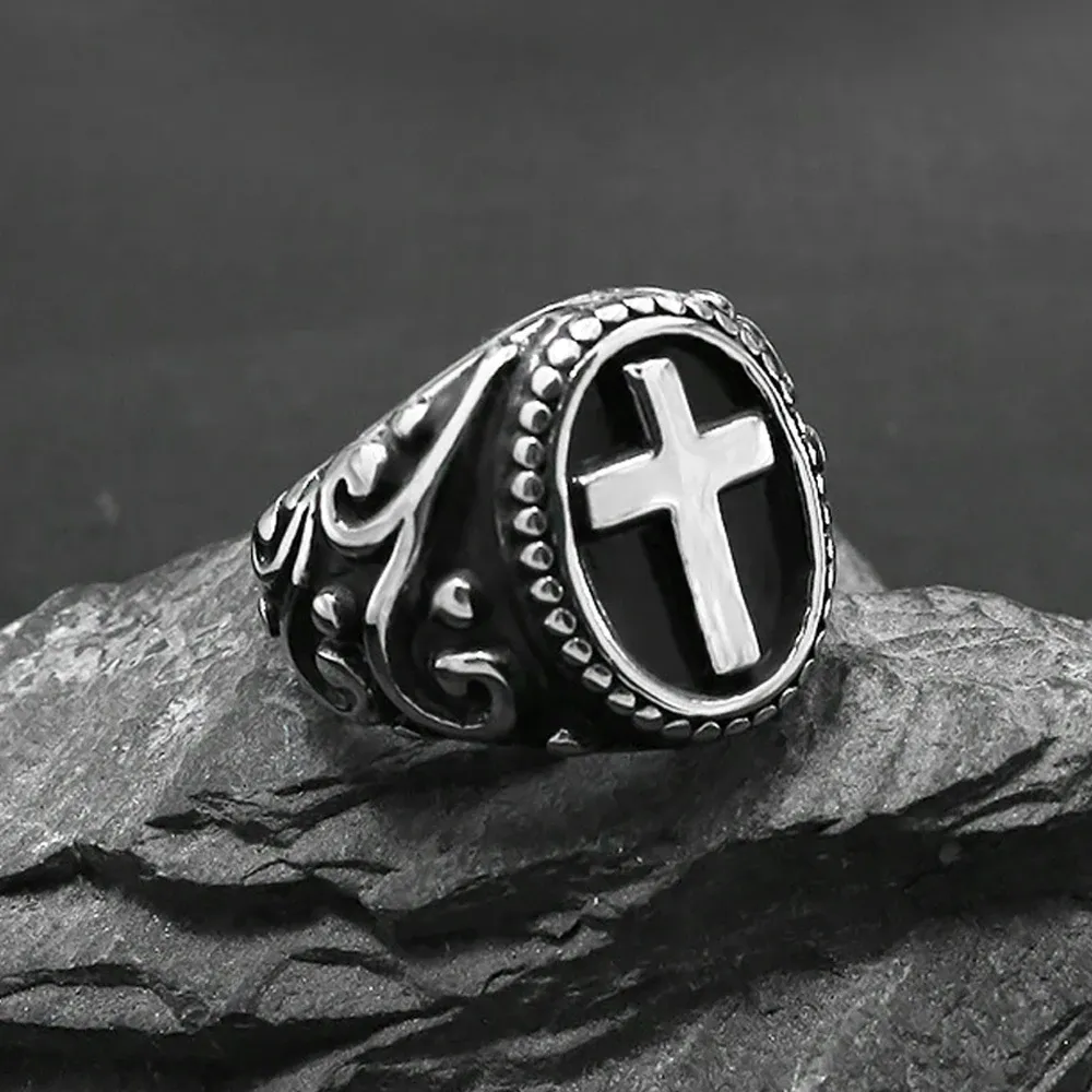 Christian Cross Mens Ring With Punk Penny Black Stamp Design In 14K ...