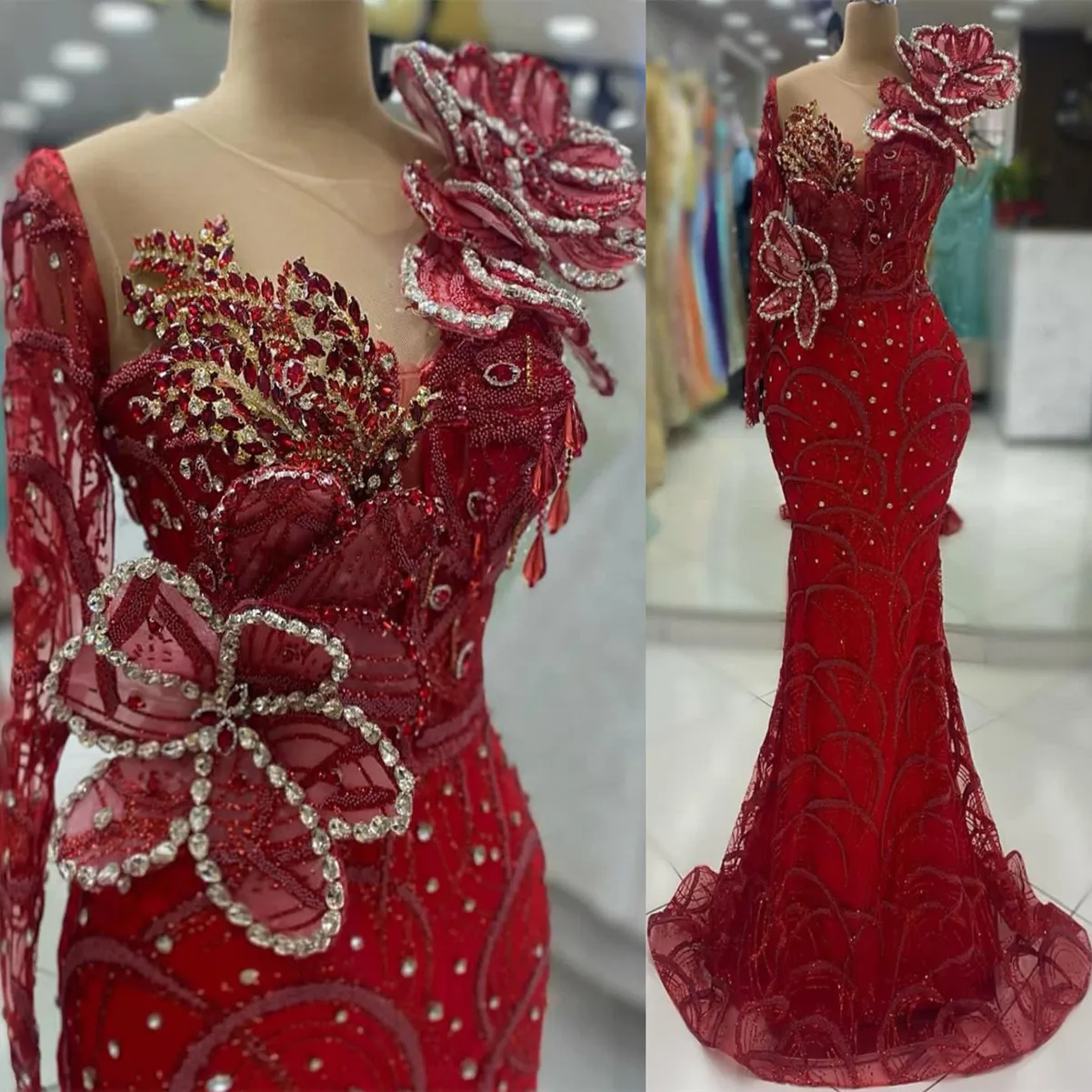 2024 Aso Ebi Burgundy Mermaid Prom Dress Crystals Flower Sequined ...
