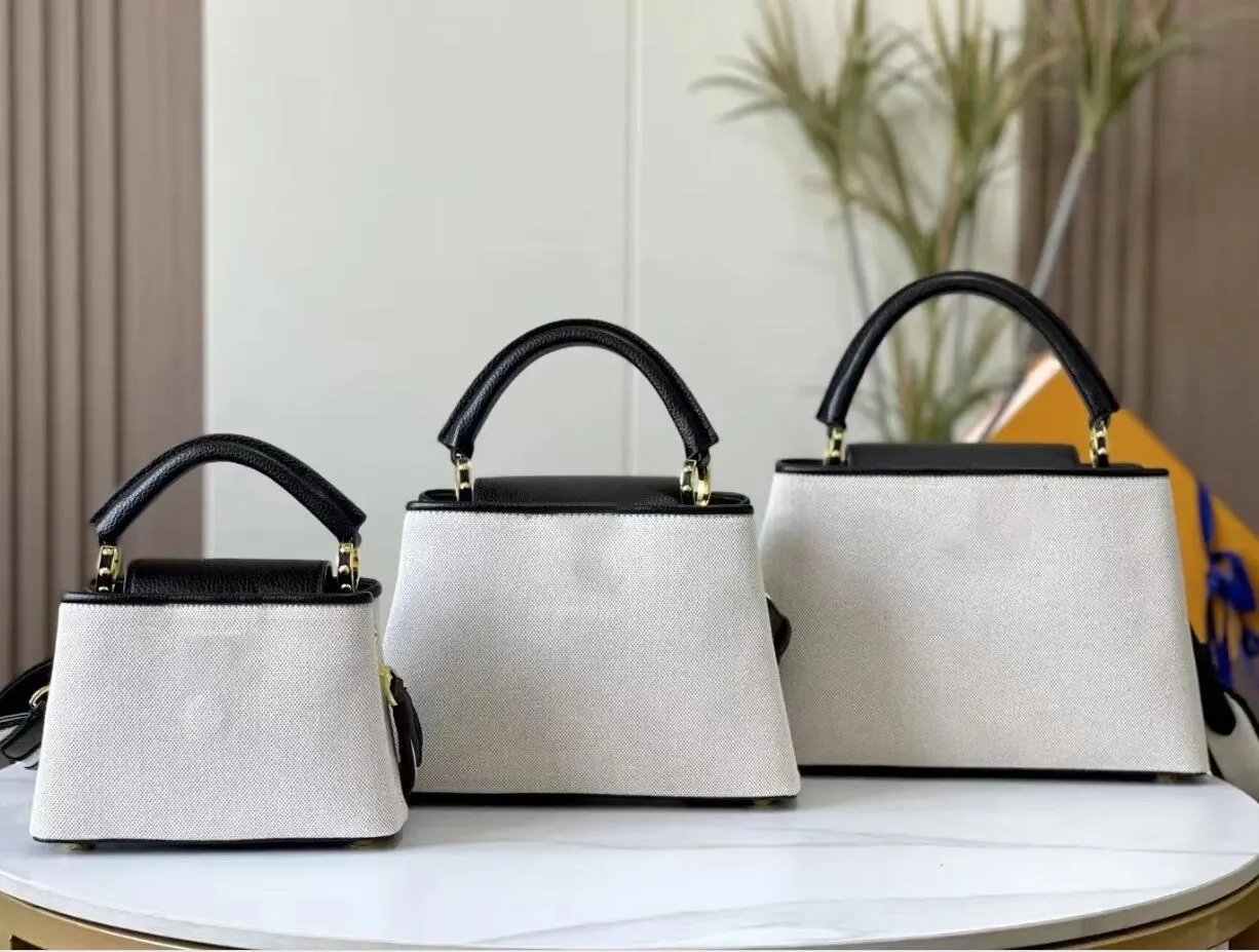 Stylish Canvas And Leather Capucines Melie Bianco Shoulder Bag With ...