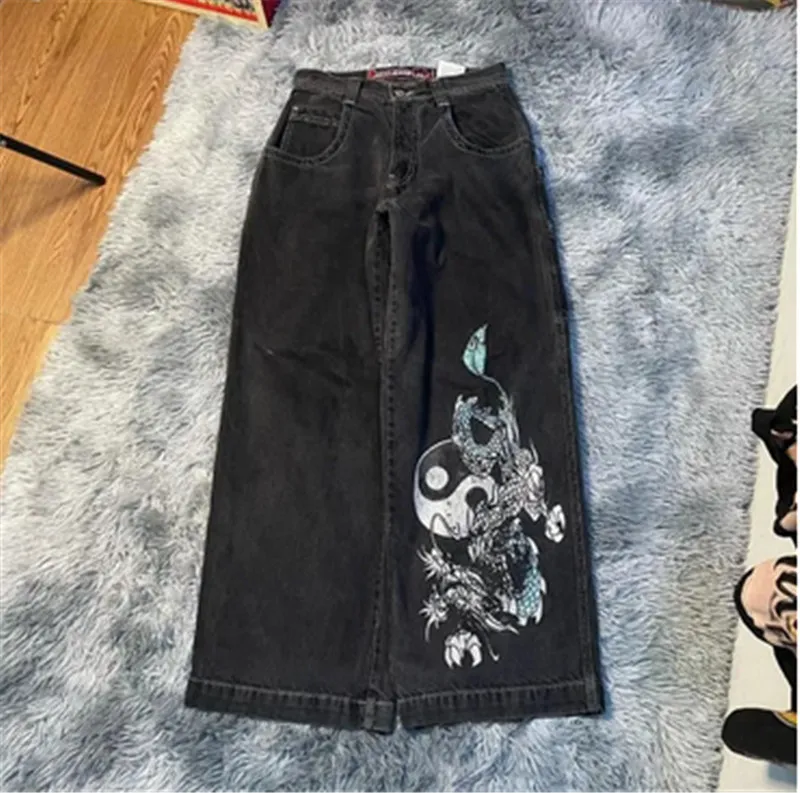 Vintage Baggy Black Witchery Jeans With Y2K Hip Hop Cartoon Vintage Baggy Black Witchery Jeans With Y2K Hip Hop Cartoon