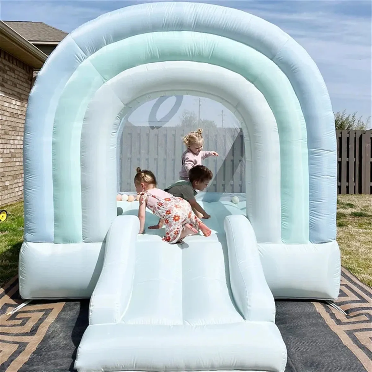 Kids Rainbow Bounce House - Mini Inflatable Castle with Slide, Durable ...