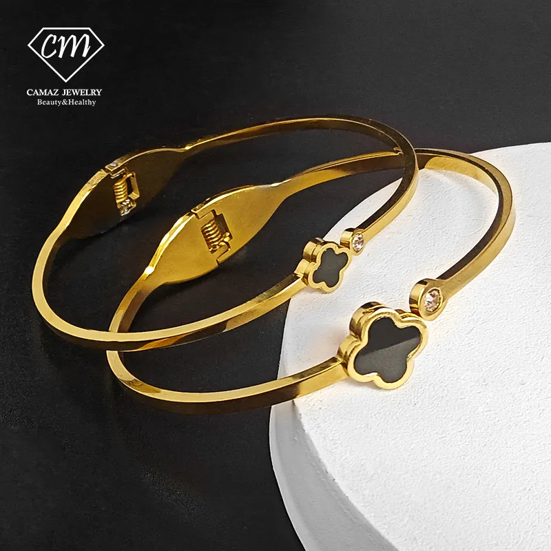 DHgate.com:Luxury Zircon Four Leaf Clover Cuff Bracelet, 18k Gold Plated Stainless Steel:Health ...
