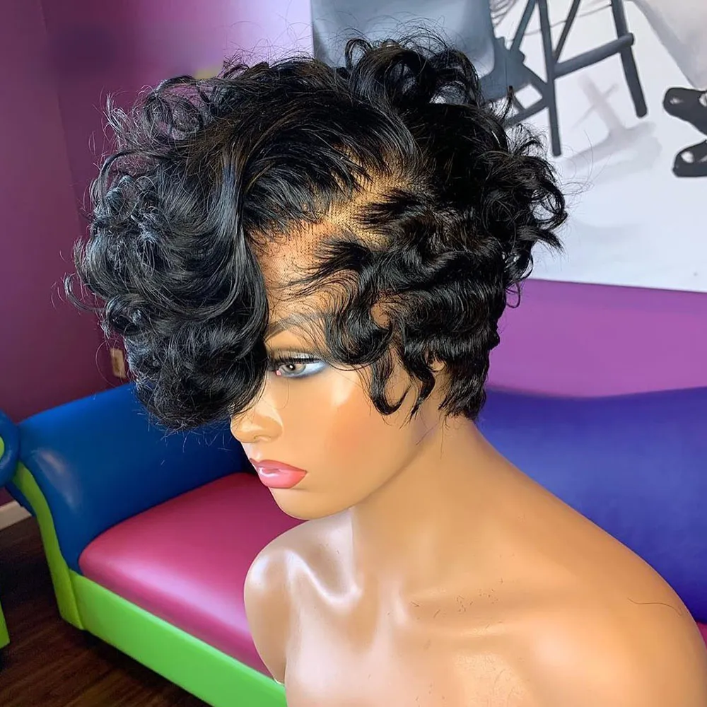 Curly Lace Front Wig Peruvian Virgin Human Hair 13x4 Frontal Pixie ...