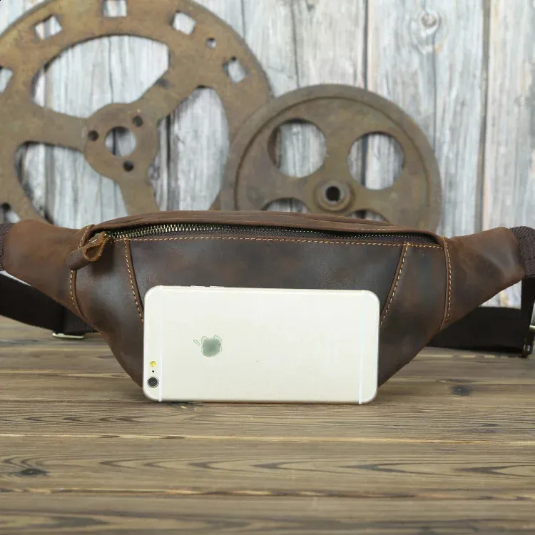 Retro Crazy Horse Leather Waist Wrap Cowhide Crossbody Outdoor Sports ...