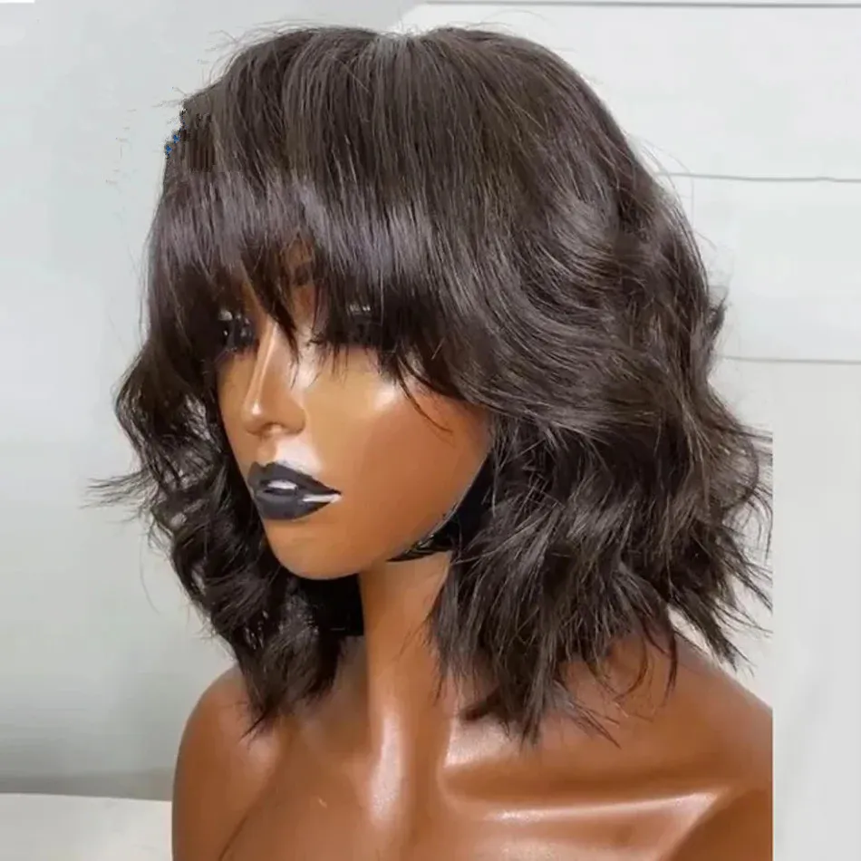 Brand Layered Cut Short Wavy Human Hair Wig Natural Black Bob With ...