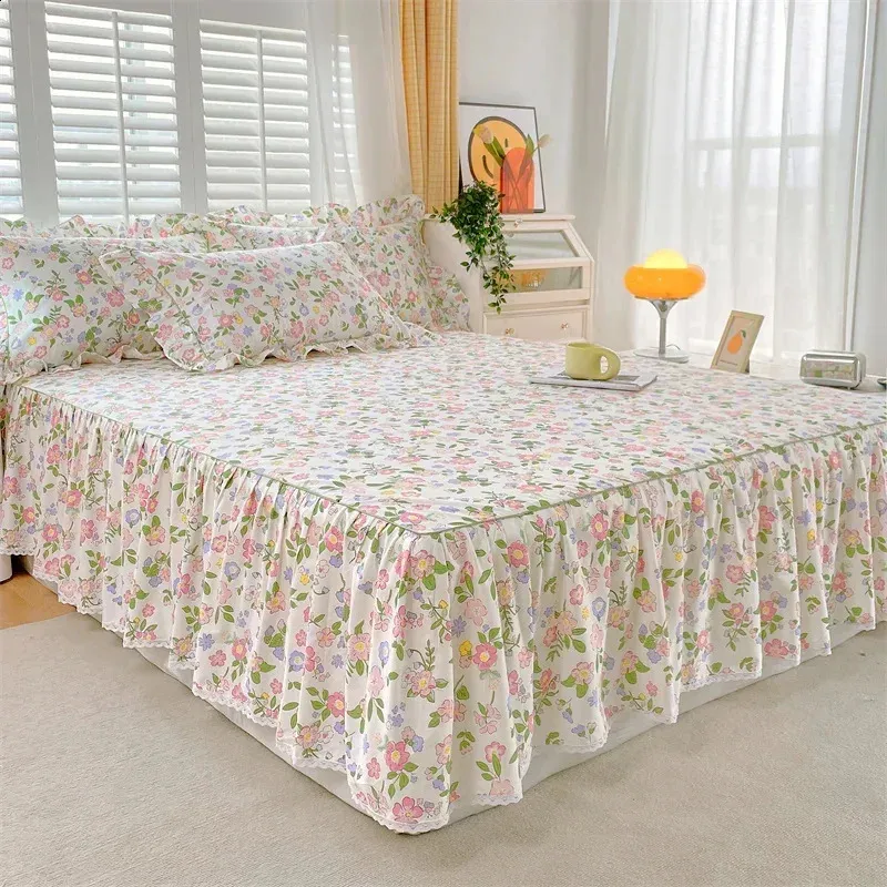 Cotton Bed Skirt, Queen/King Size Floral Printed Sheet w/ Ruffles, All ...