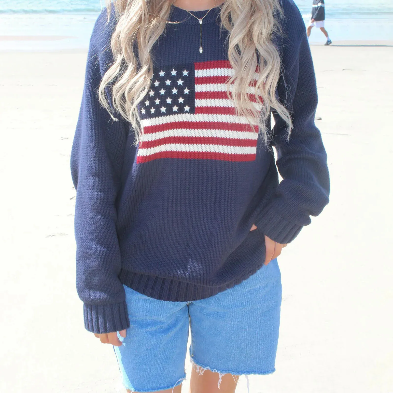 Vintage Pullover Sweaters: Women's American Flag Embroidered Loose Knit ...