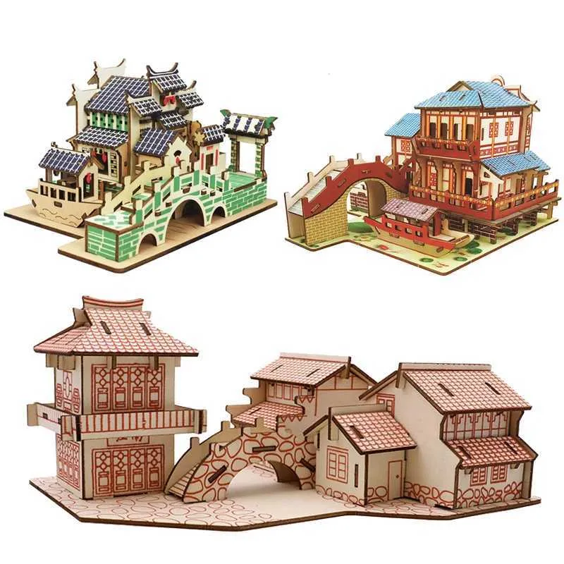 3D Wooden Puzzle - Ancient Jiangnan Water Town DIY Model Kit ...