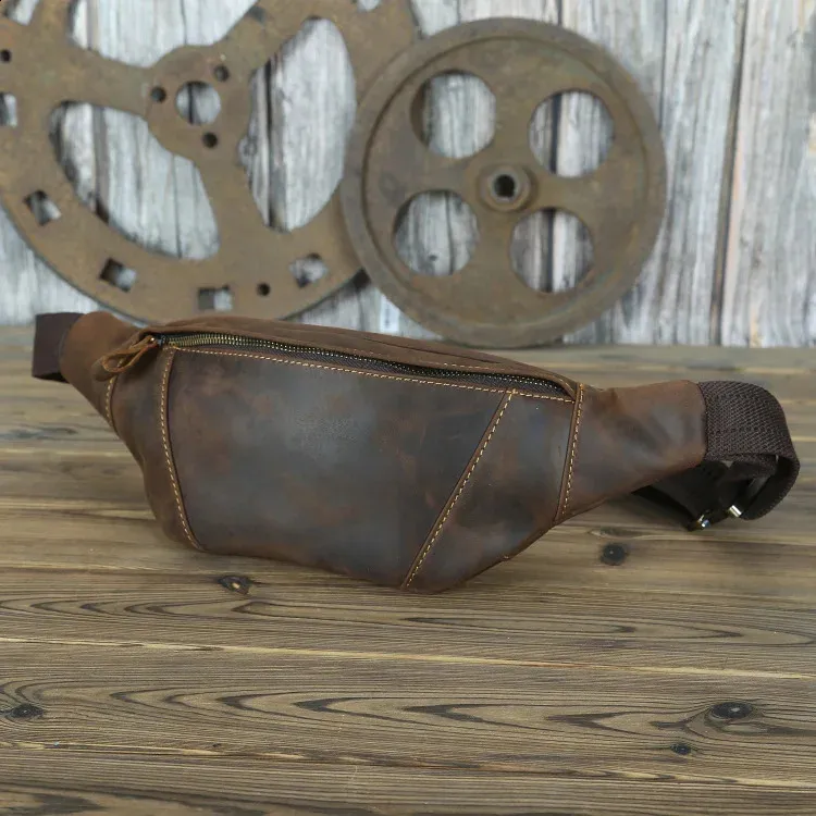 Retro Crazy Horse Leather Waist Wrap Cowhide Crossbody Outdoor Sports ...