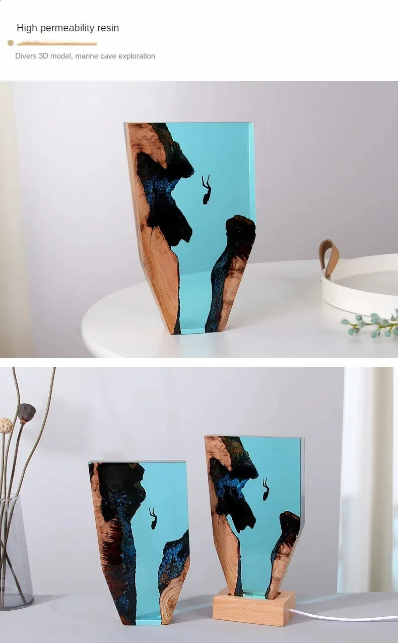 Ocean Blue Resin Table Lamp with USB Charging - Underwater Cave ...