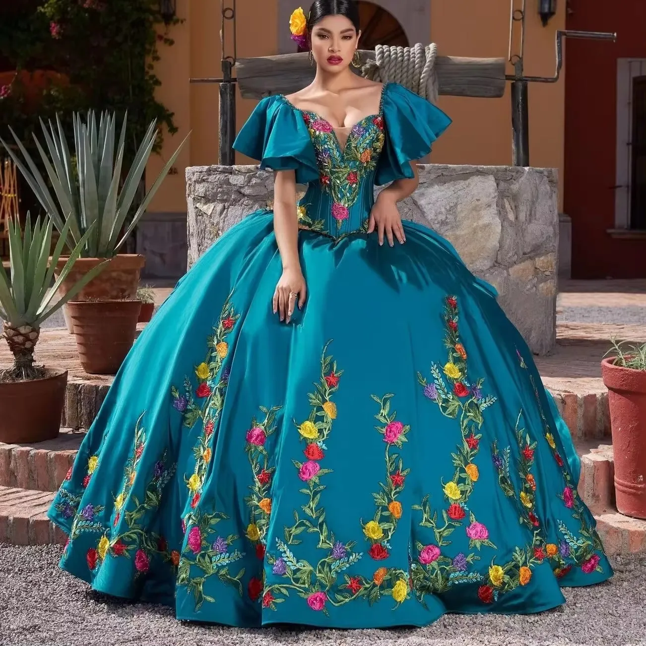 Blue Charro Quinceanera Ball Gown With Sweetheart Appliques, Pearls ...