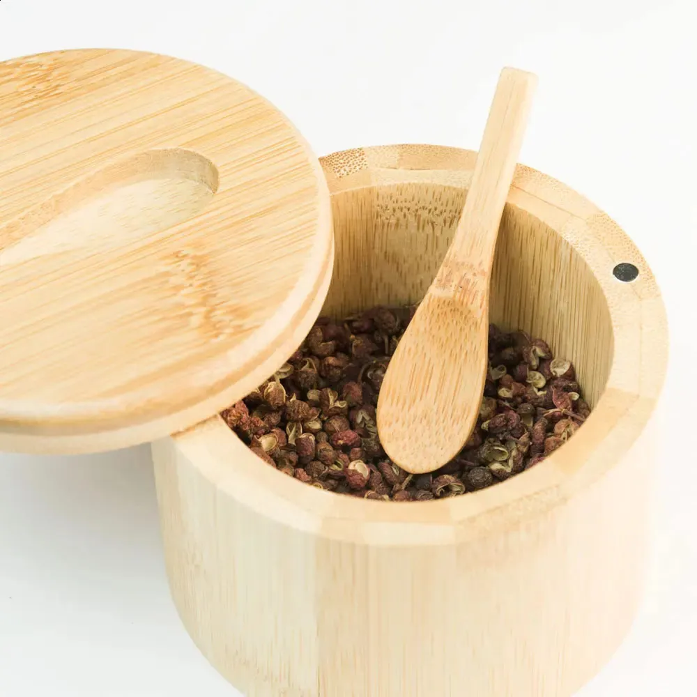 Premium Bamboo Salt & Sugar Container Set with Lid & Spoon - Spice Jar ...