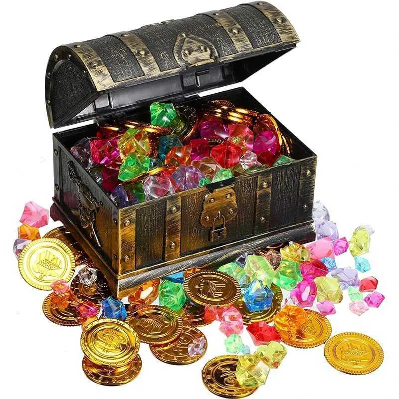 Pirate Treasure Chest Toy Set: Gold Coins, Gems & Costume Props ...
