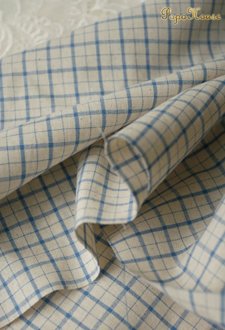 Vintage Blue Linen Plaid Striped Yarn-Dyed Cotton Fabric - Tablecloth ...
