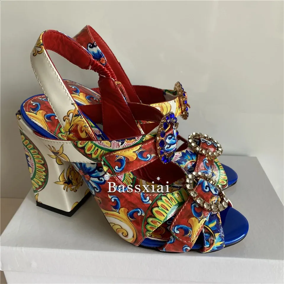 Flower Print High Heels: Exotic Rhinestone Buckle Sandals, Premium ...